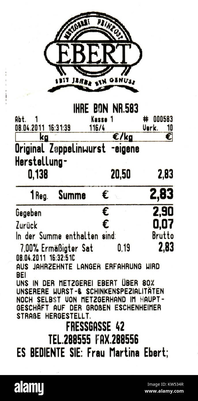 A receipt from Metzgerei Ebert for Zeppelinwurst, a type of German ...