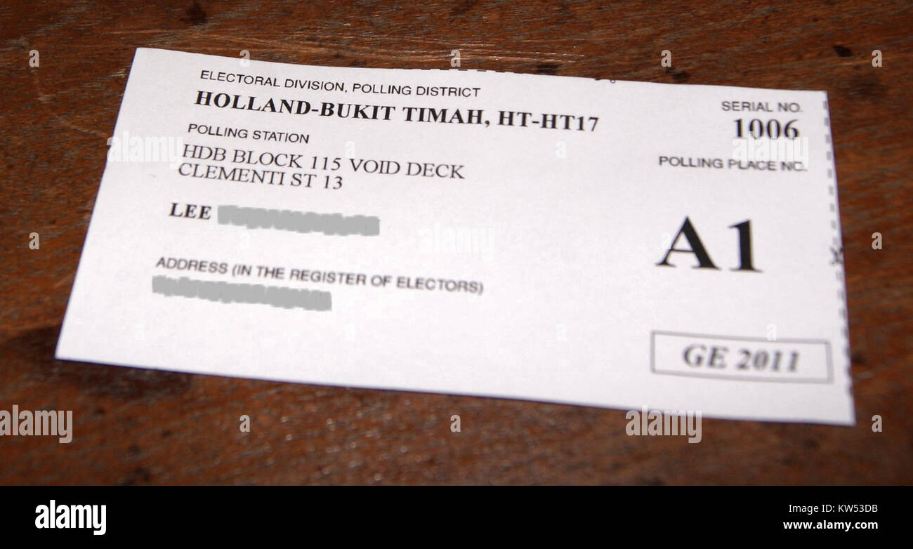 Poll card (front), Singapore general election 20110429 (cropped Stock ...