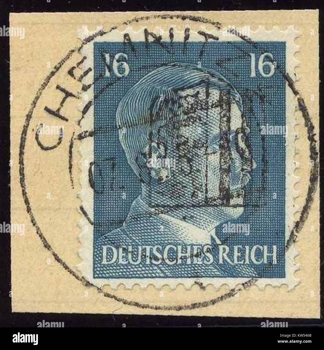 This stamp from Chemnitz, dated 1945, features a post-war design and ...