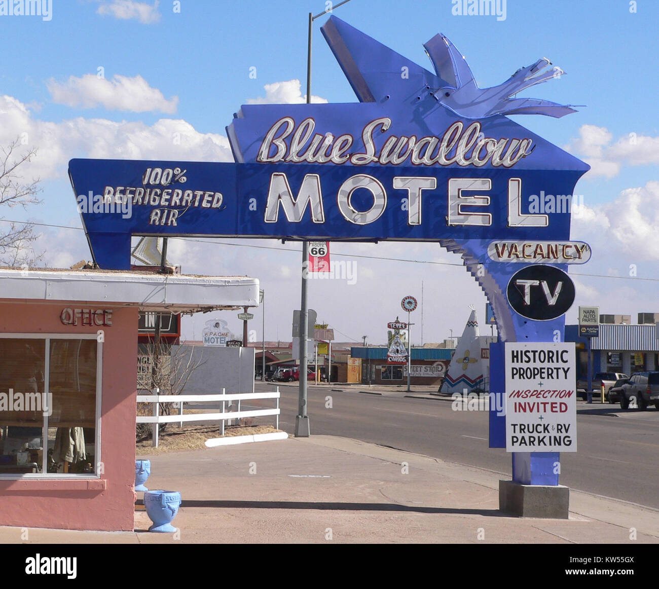 The Blue Swallow Motel sign, located in the American Southwest, is an ...