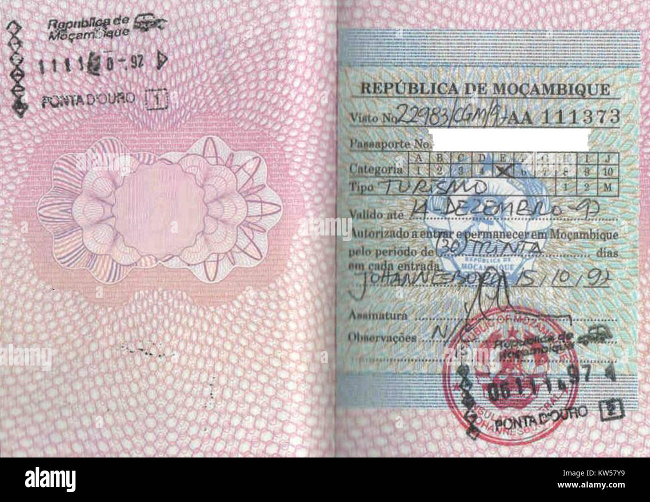 This image displays passport stamps from Mozambique, a country in Southeast Africa. The stamps ...