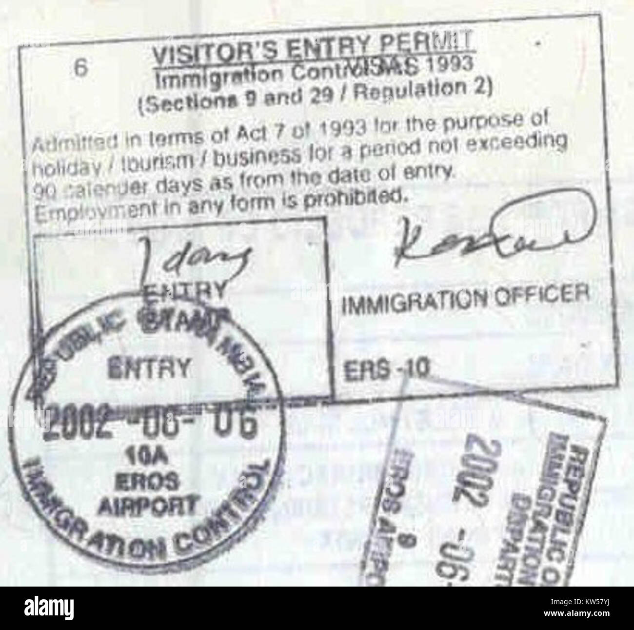 A Namibian entry stamp on a passport, marking the legal entry into ...