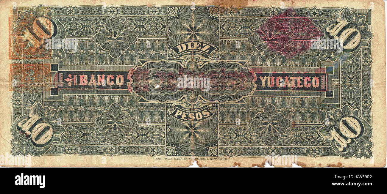 The 10 pesos bill from Banco Yucateco features a design with a stamp ...