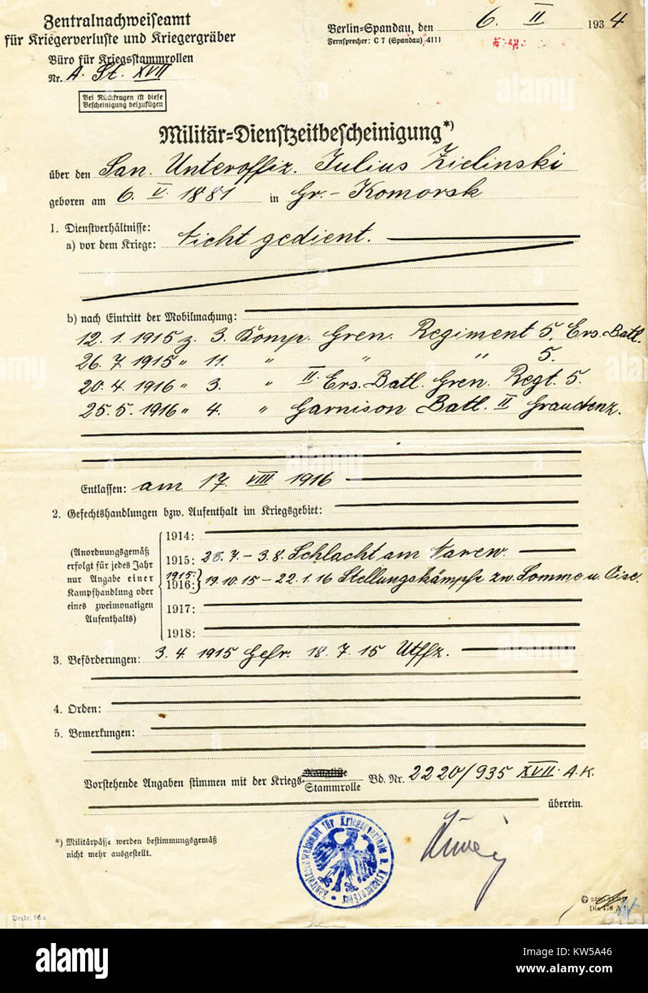 This document is a military service certificate from Juliusz Zielinski ...