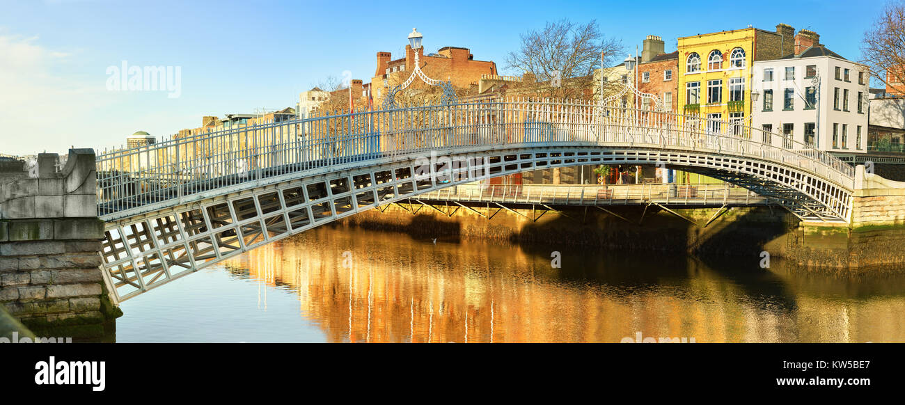 Dublin, panoramic image of Half penny bridge, or Ha'penny bridge, on a ...
