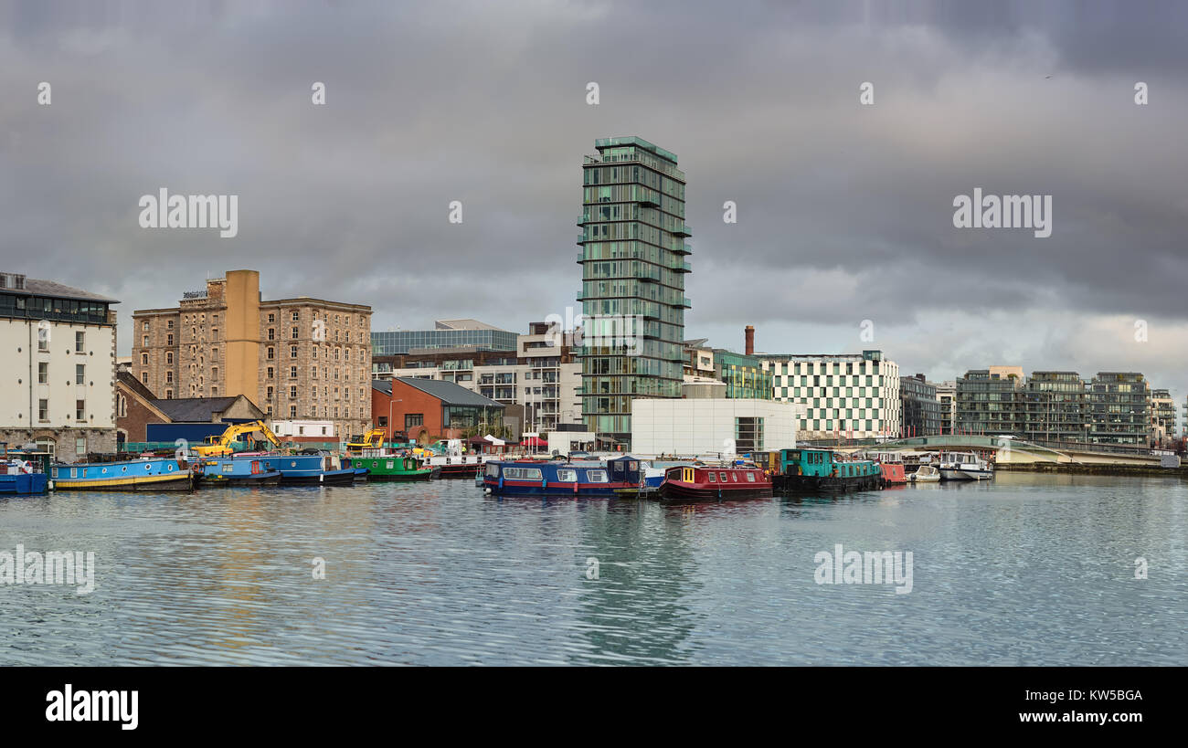 Modern part of Dublin Docklands or Silicon Docks after heavy rain ...