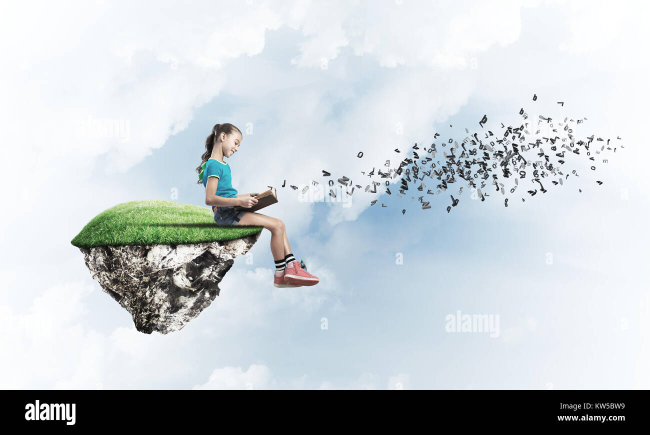 Cute smiling teenage girl on floating in sky island reading book Stock ...