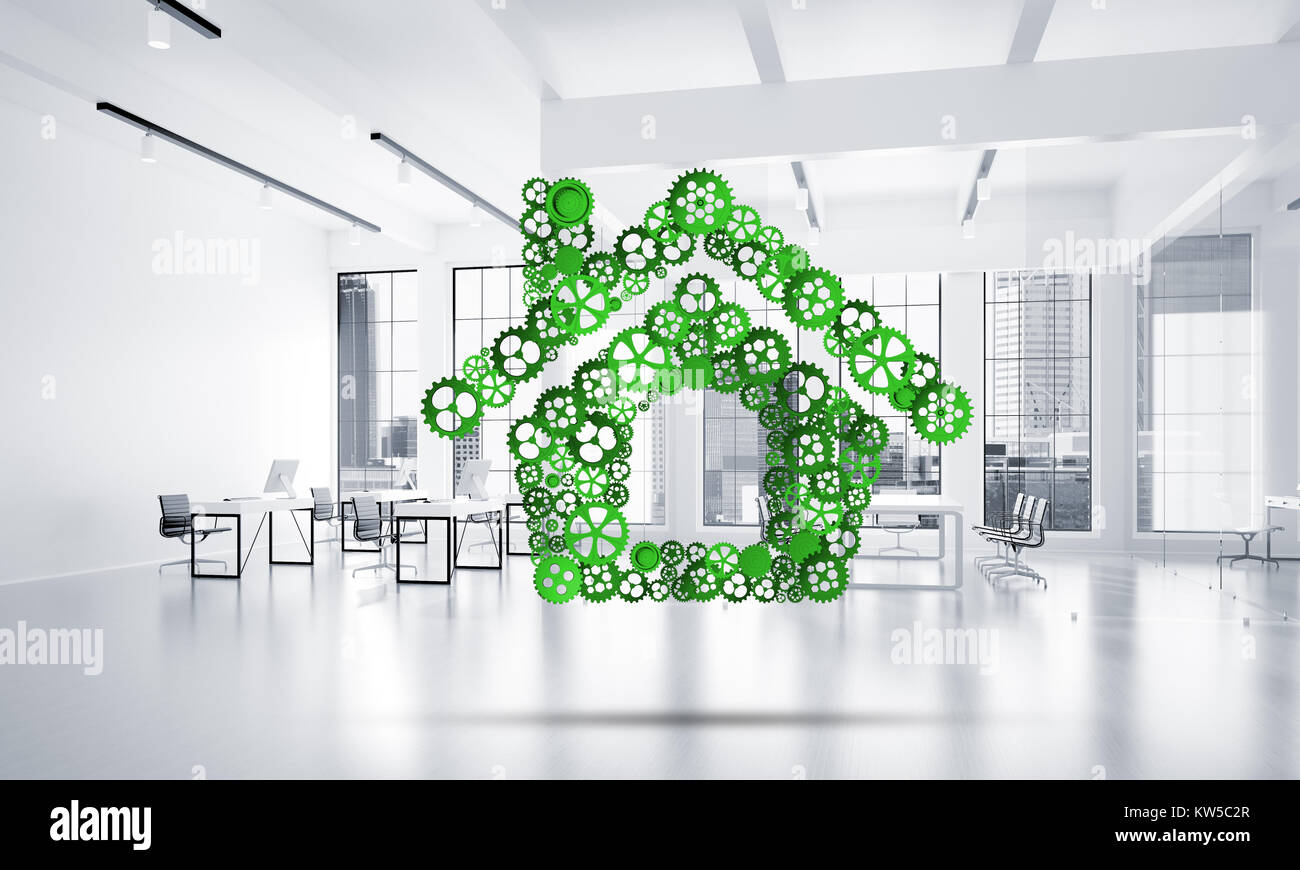 Conceptual background image with house sign made of connected gears. 3d ...