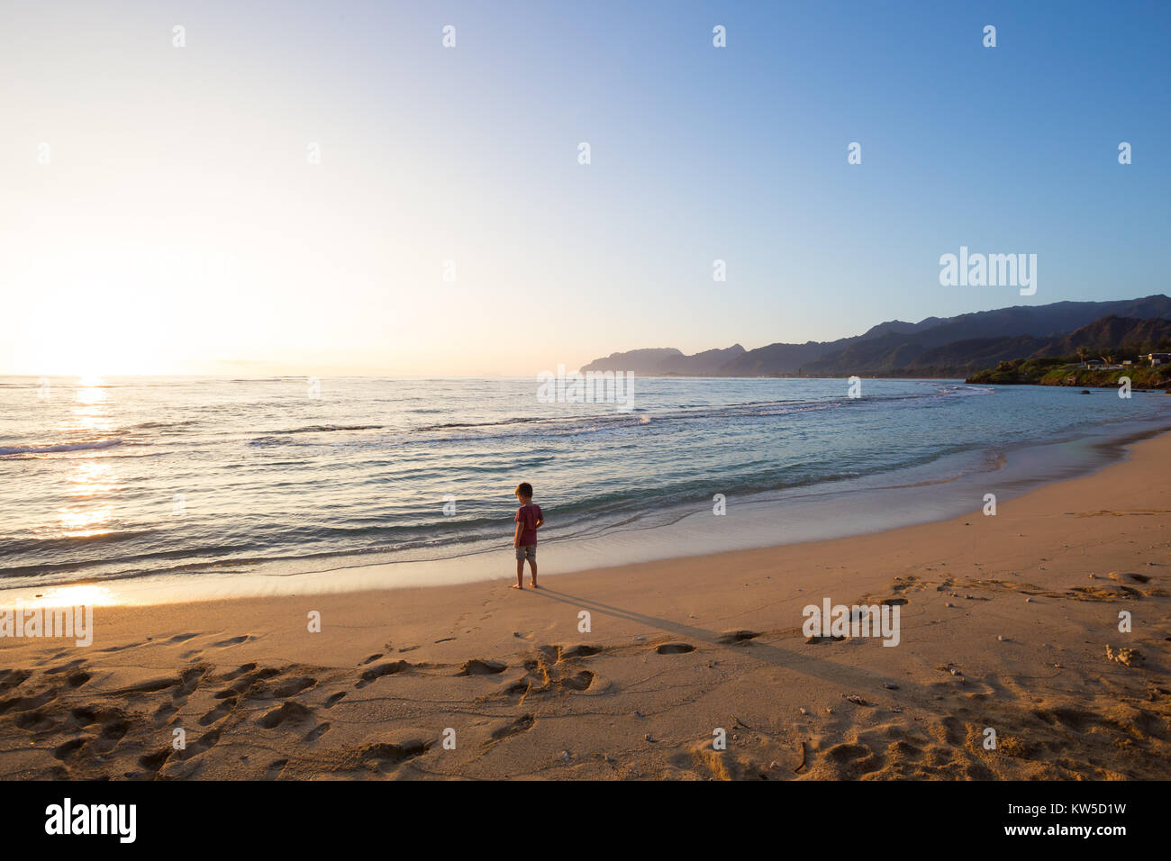 Five year old young boy playing in the water of the Pacific Ocean at ...