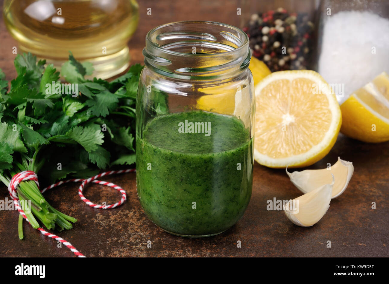 Green sauce, cilantro seasoning for salad dressing Stock Photo - Alamy