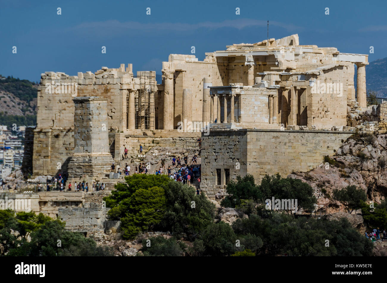 View of the old and historic buildings at the entrance to the Acropolis ...