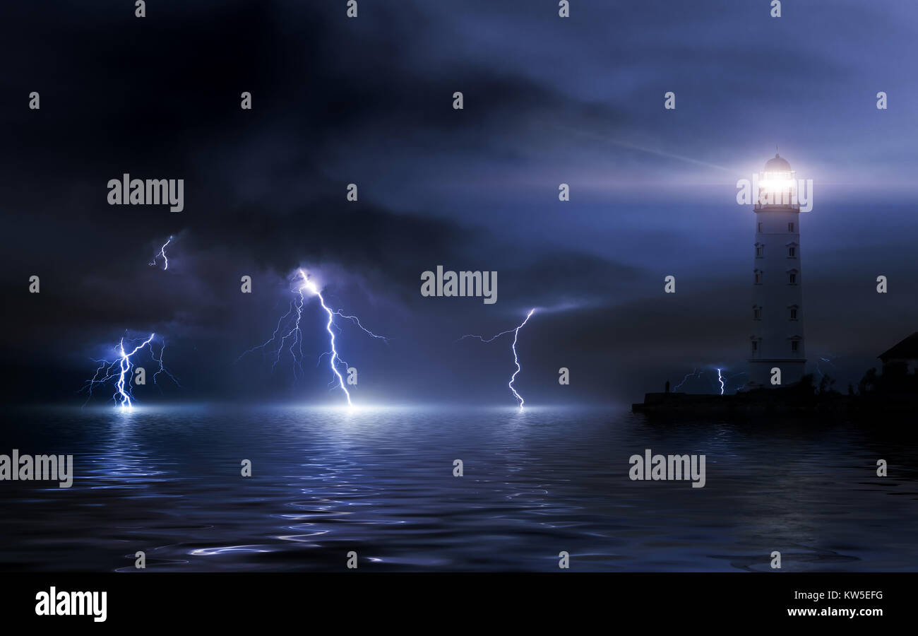 lighthouse in a storm. Thunderstorm over the sea, lightning beats the ...
