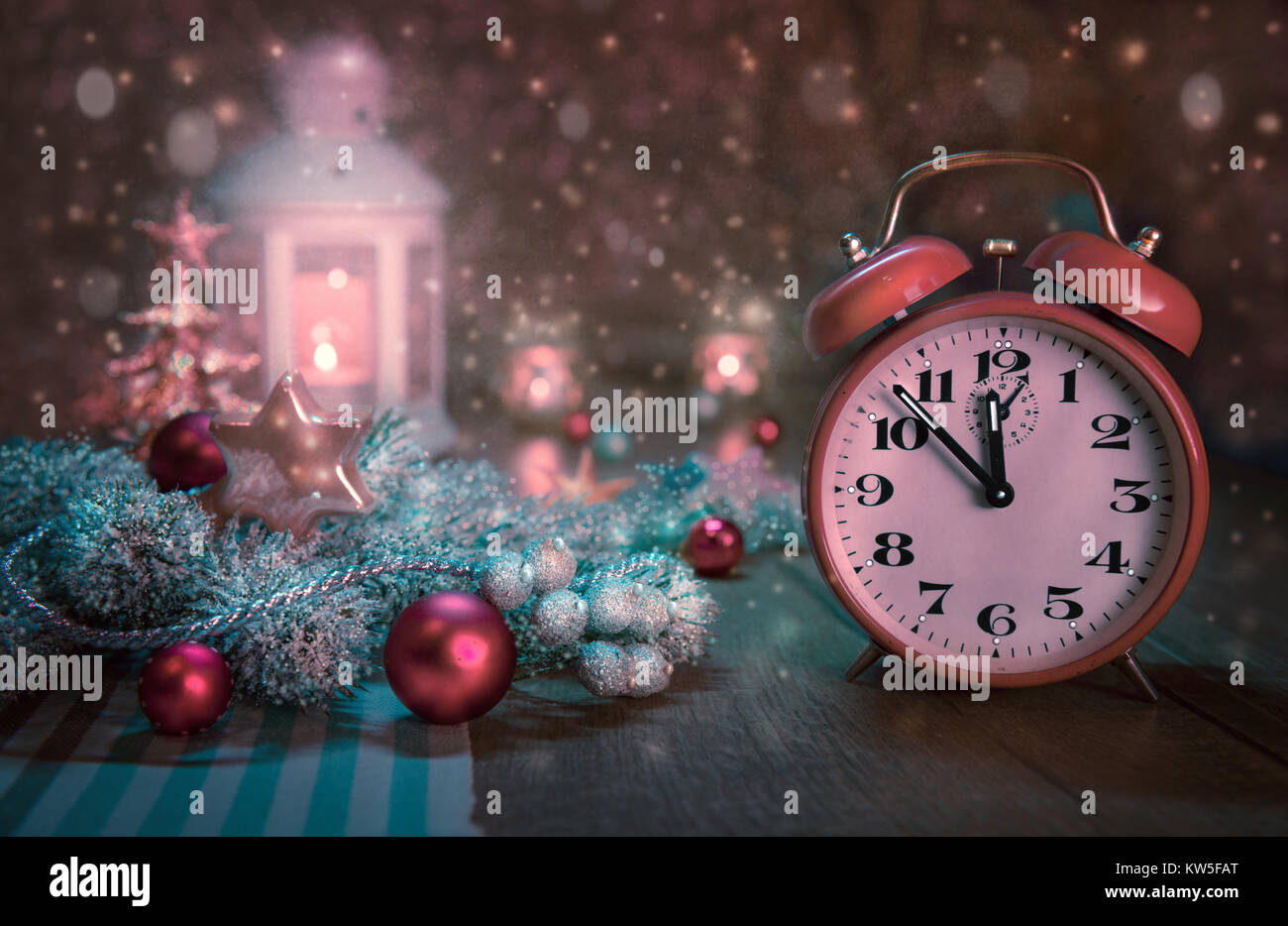 "Happy New Year!" Greeting card or banner design with alarm clock ...
