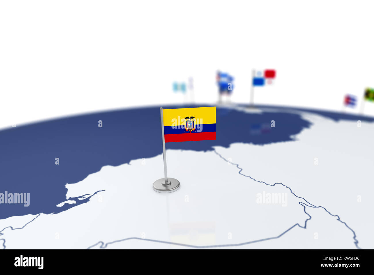 Ecuador flag. Country flag with chrome flagpole on the world map with ...