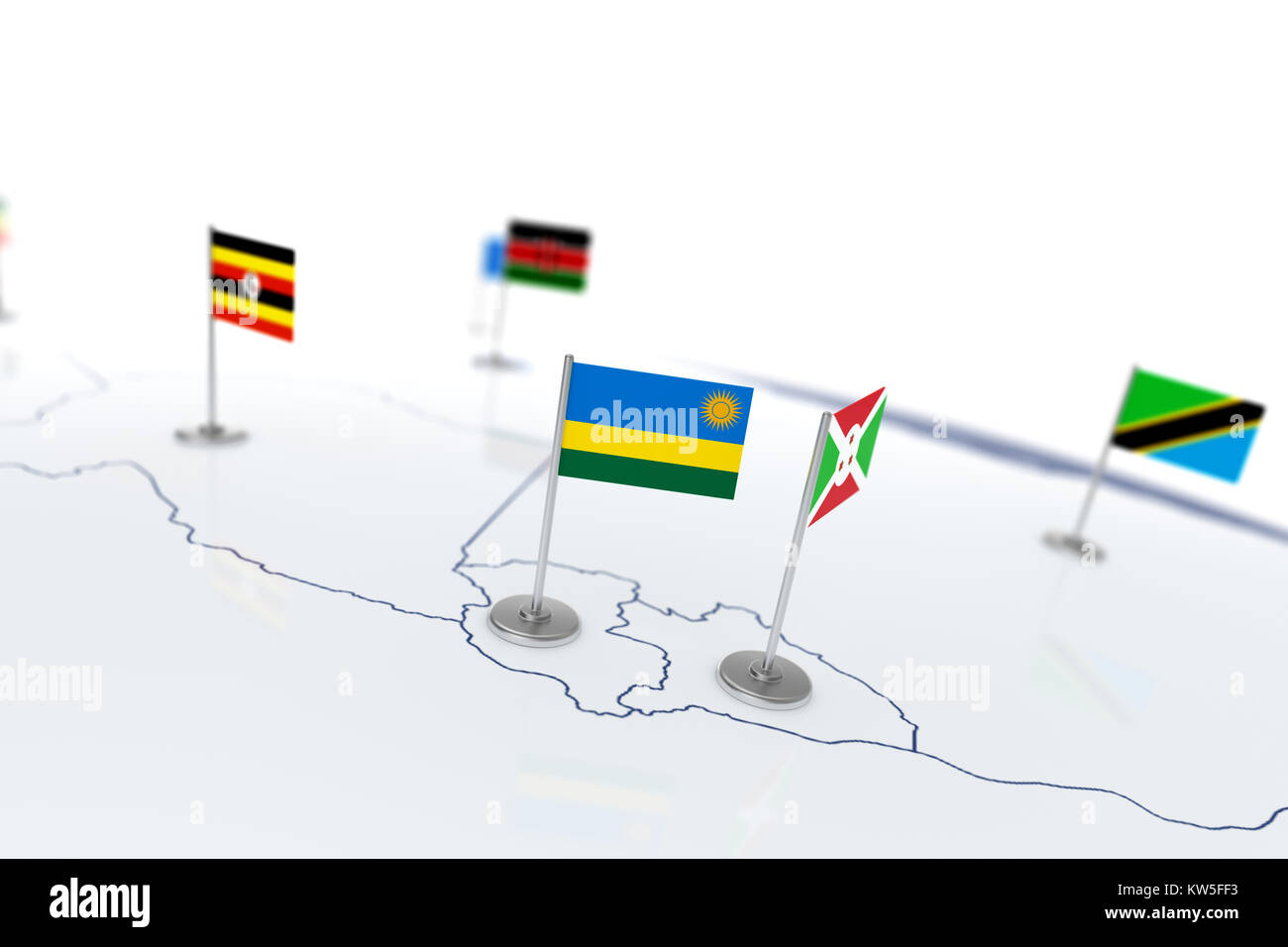Rwanda flag. Country flag with chrome flagpole on the world map with ...