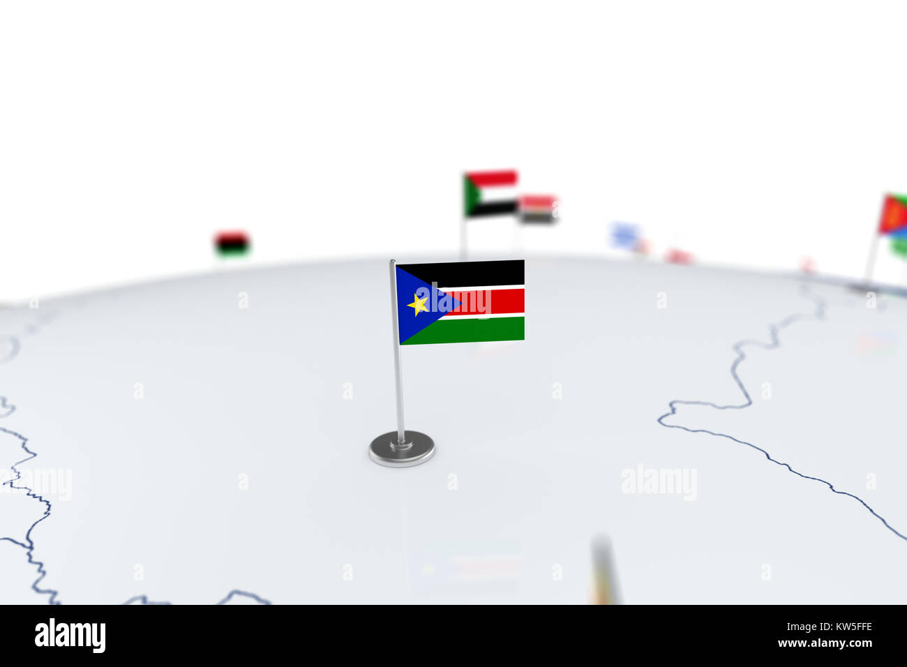 South Sudan flag. Country flag with chrome flagpole on the world map ...