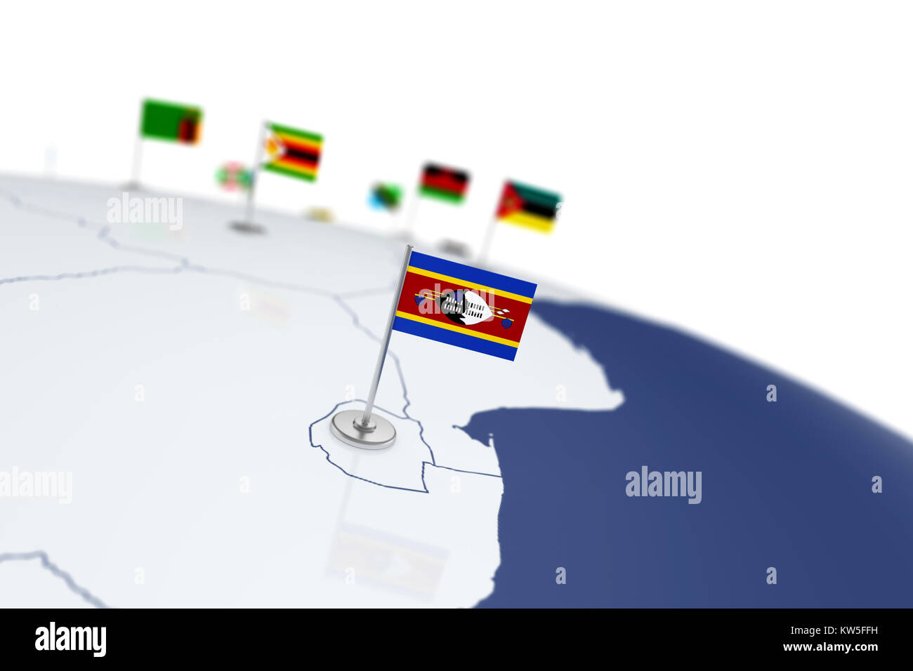 Swaziland flag. Country flag with chrome flagpole on the world map with ...