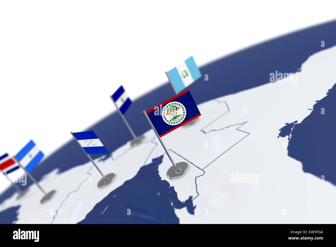 Belize flag. Country flag with chrome flagpole on the world map with ...