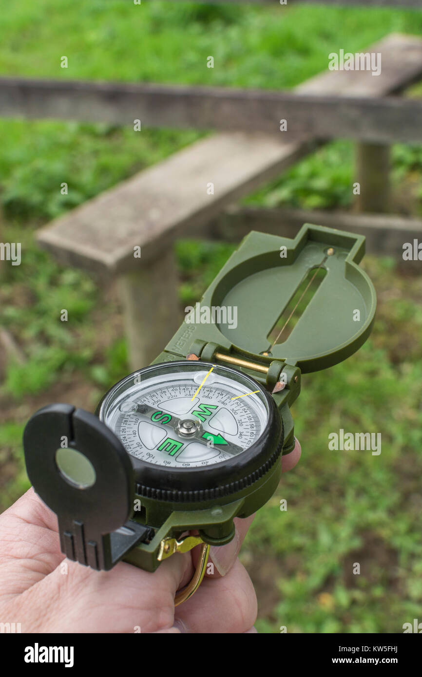 Lensatic compass in hand - for business 'direction', navigation, moral ...