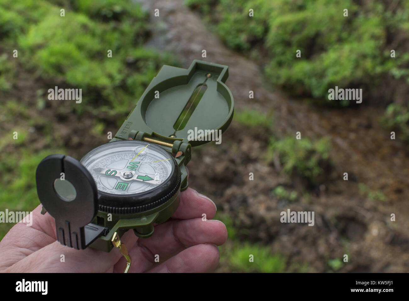 Lensatic compass in hand - for business 'direction', navigation, moral ...
