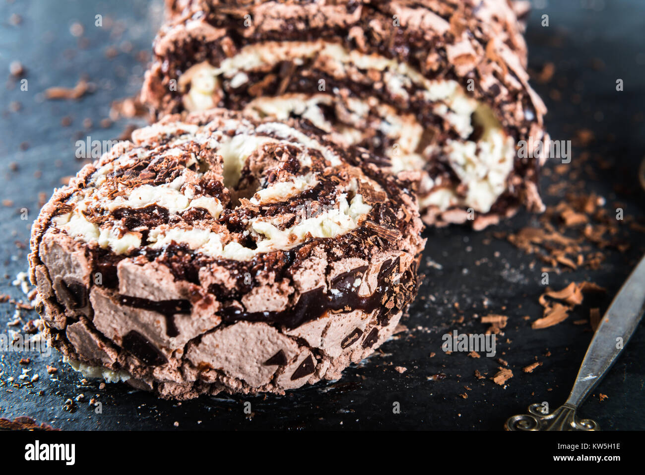 Belgian Chocolate Meringue Roulade filled with whipped cream and ...