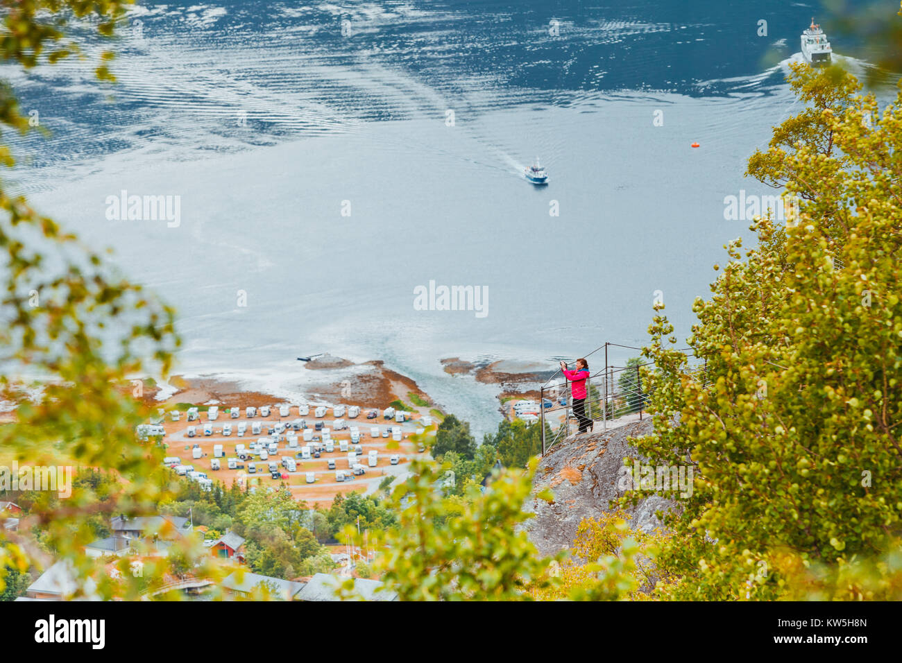 Tourism vacation and traveling. Fantastic view on Geirangerfjord green ...