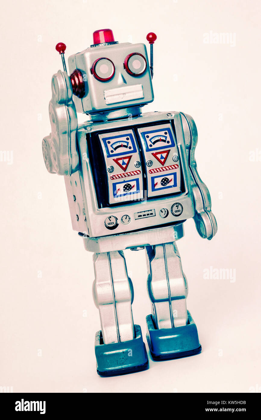 retro robot toy waving saying hi Stock Photo - Alamy