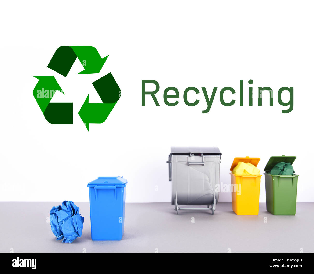 Colorful recycle bins on white and gray background. Recycling concept ...