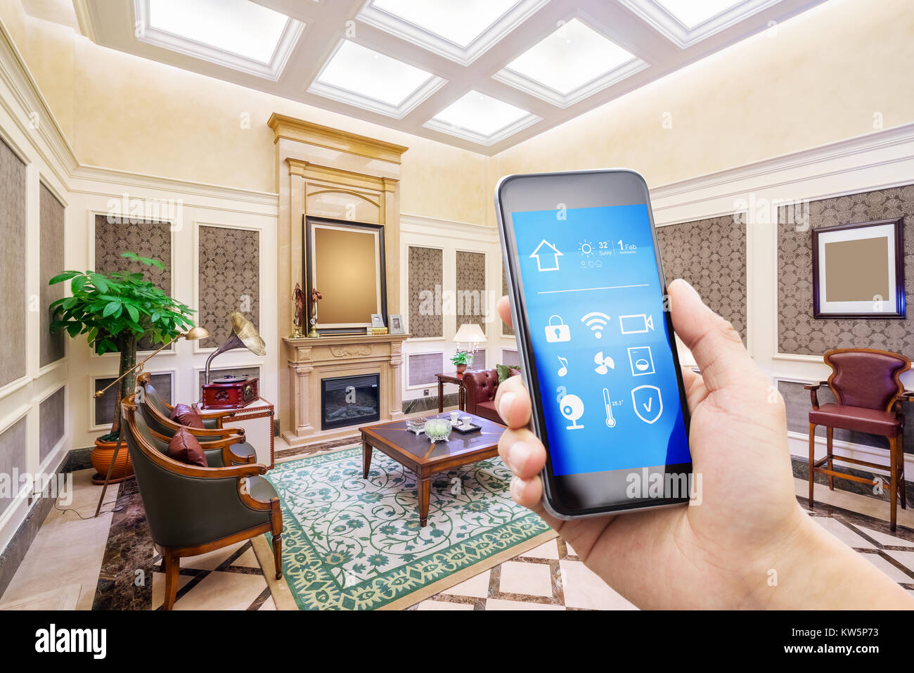 smart phone with smart home and modern living room Stock Photo - Alamy