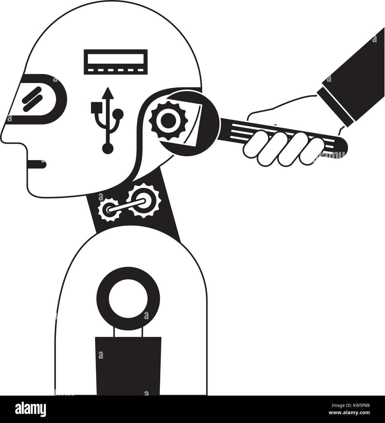 humanoid robot profile with wrench and hand vector illustration design ...