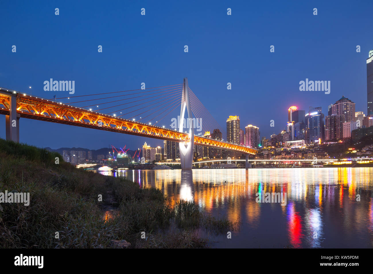 Suspension bridge night glowing urban hi-res stock photography and ...