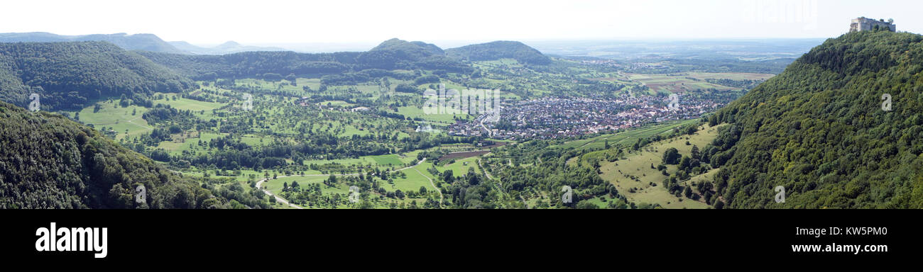 Hohenneuffen castle on the top of hill and Neuffen town in valley ...