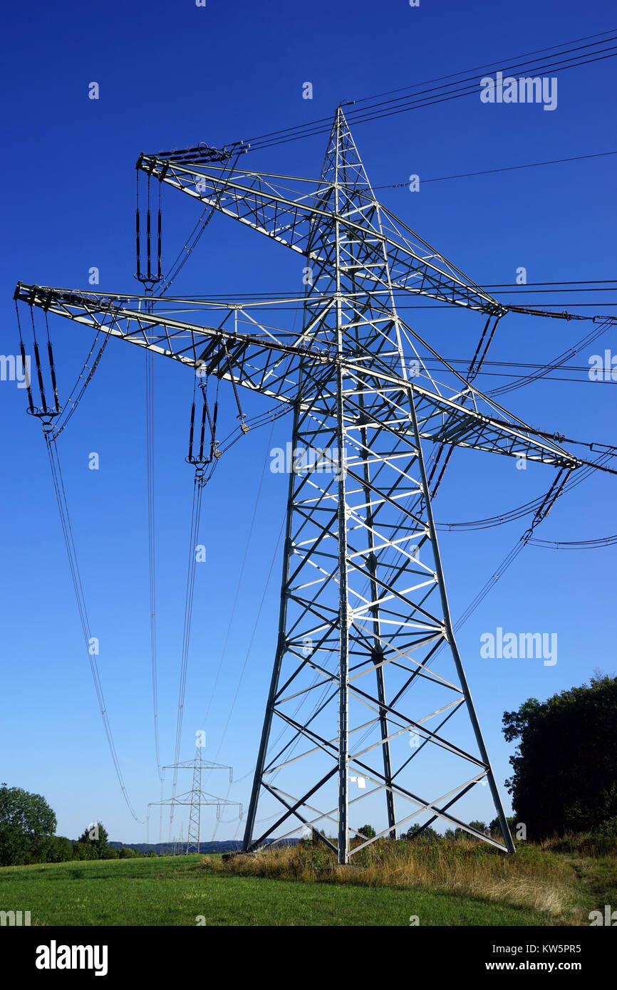 High pylon with electrical wire on the field in Swabia, Germany Stock ...