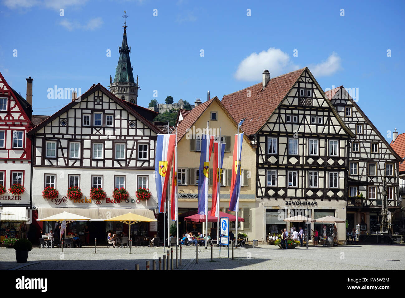 BAD URACH, GERMANY - CIRCA AUGUST 2015 Houses on the Marktplatz square ...