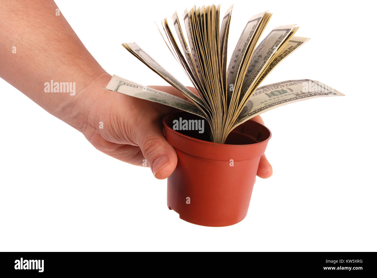 Conceptual image of dollars in a pot isolated on a white background ...