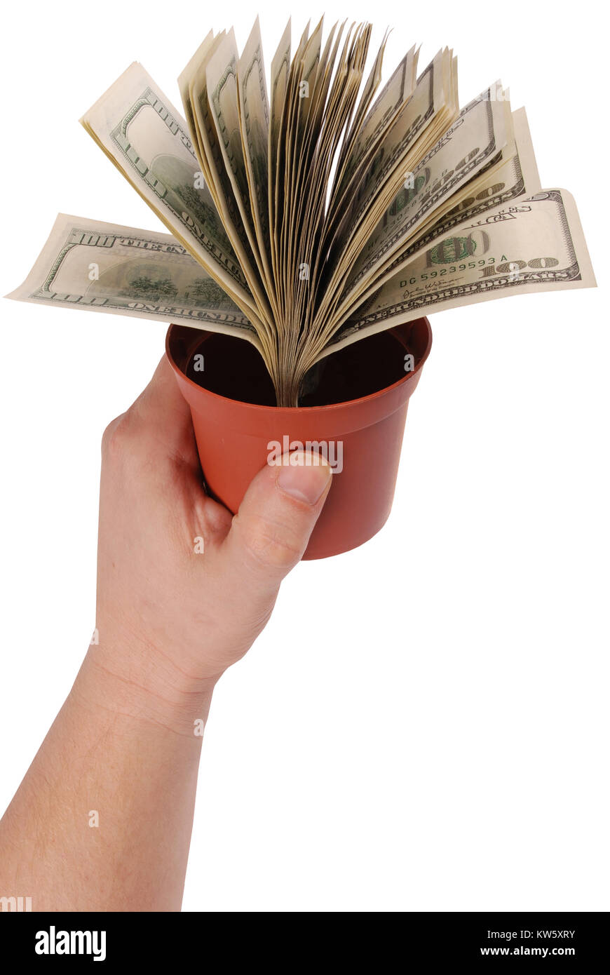 Conceptual image of dollars in a pot isolated on a white background ...