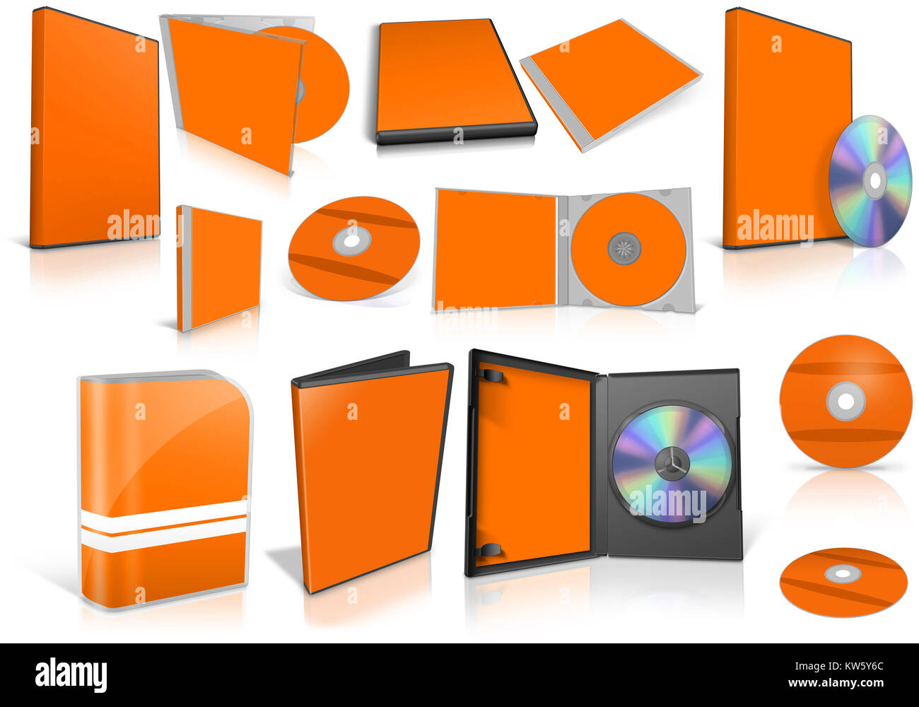 Orange multimedia disks and boxes on white background. Ready to be ...