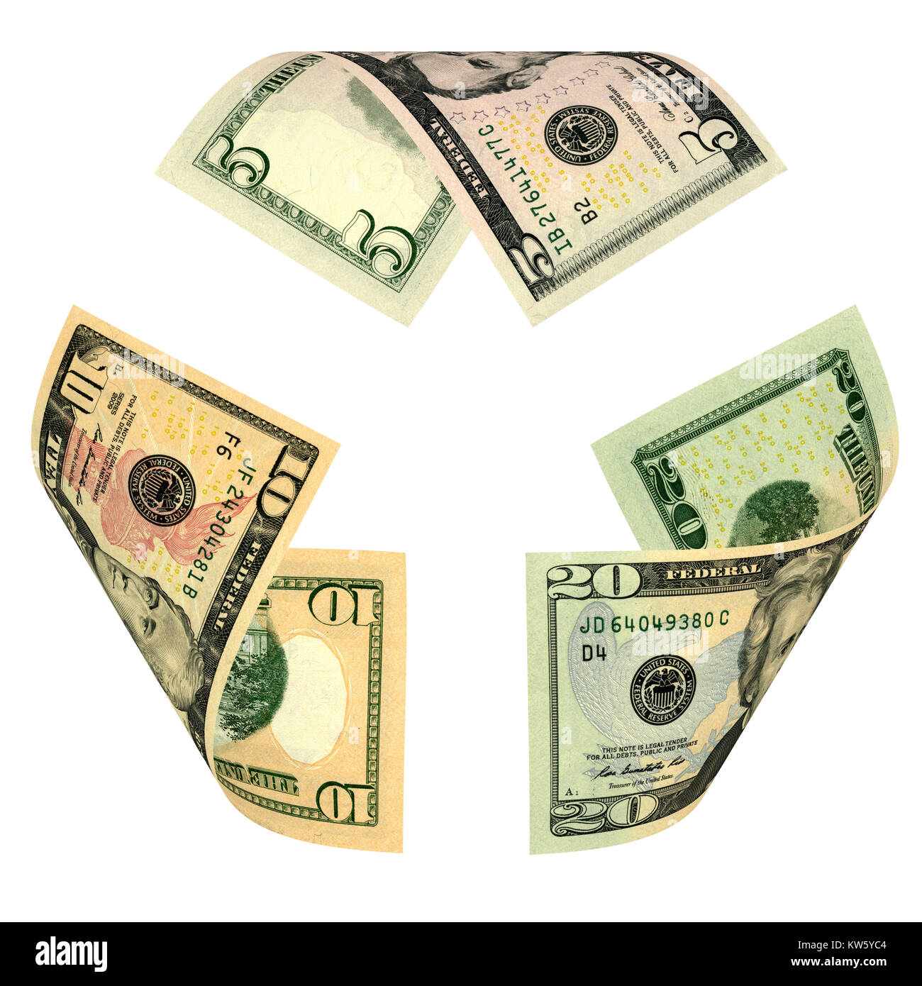 Dollar Bill Recycle Sign isolated on white. All banknotes are different ...