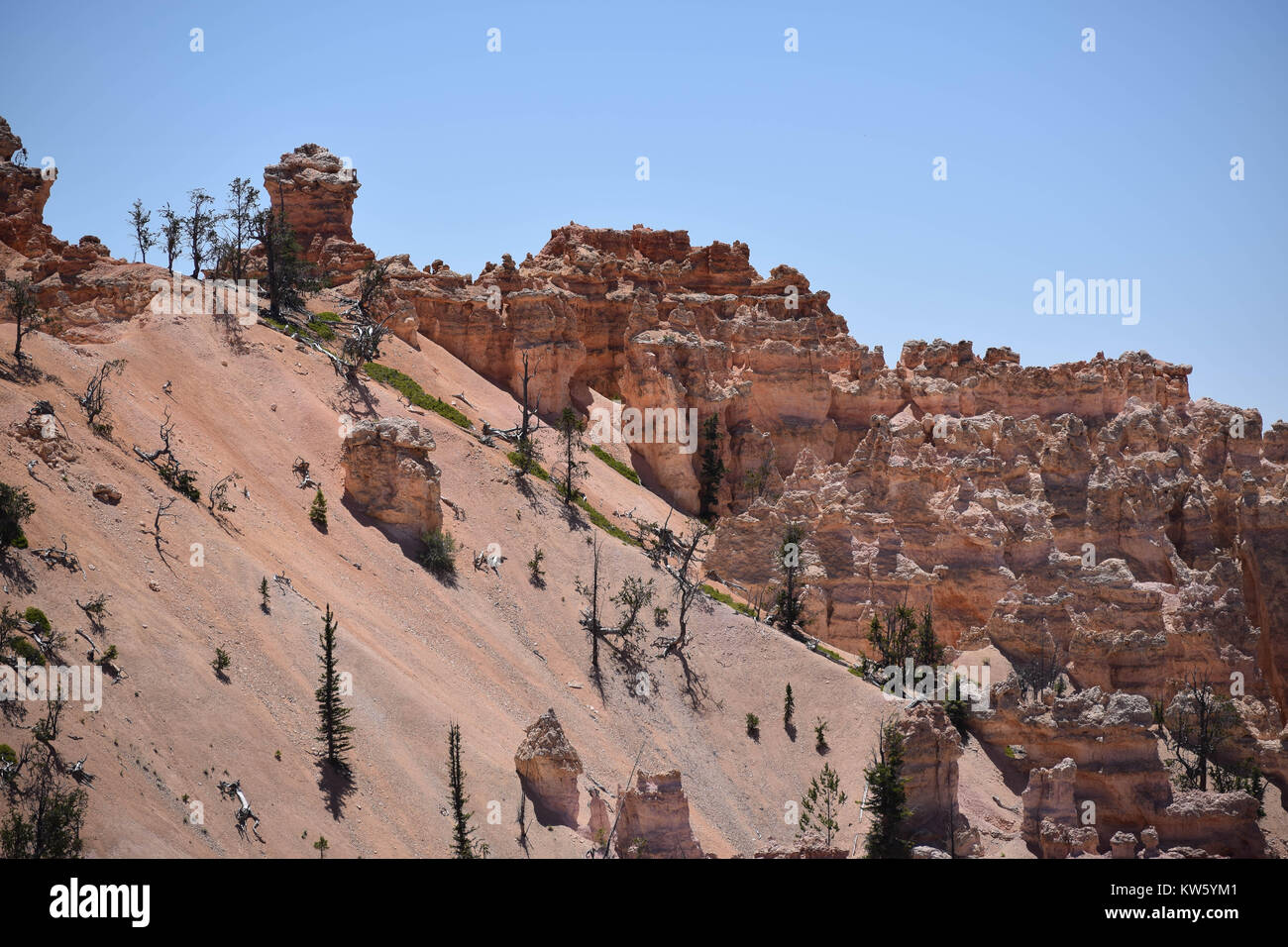 Sandy mountain side, rock formations with a natural arch, and blue sky ...