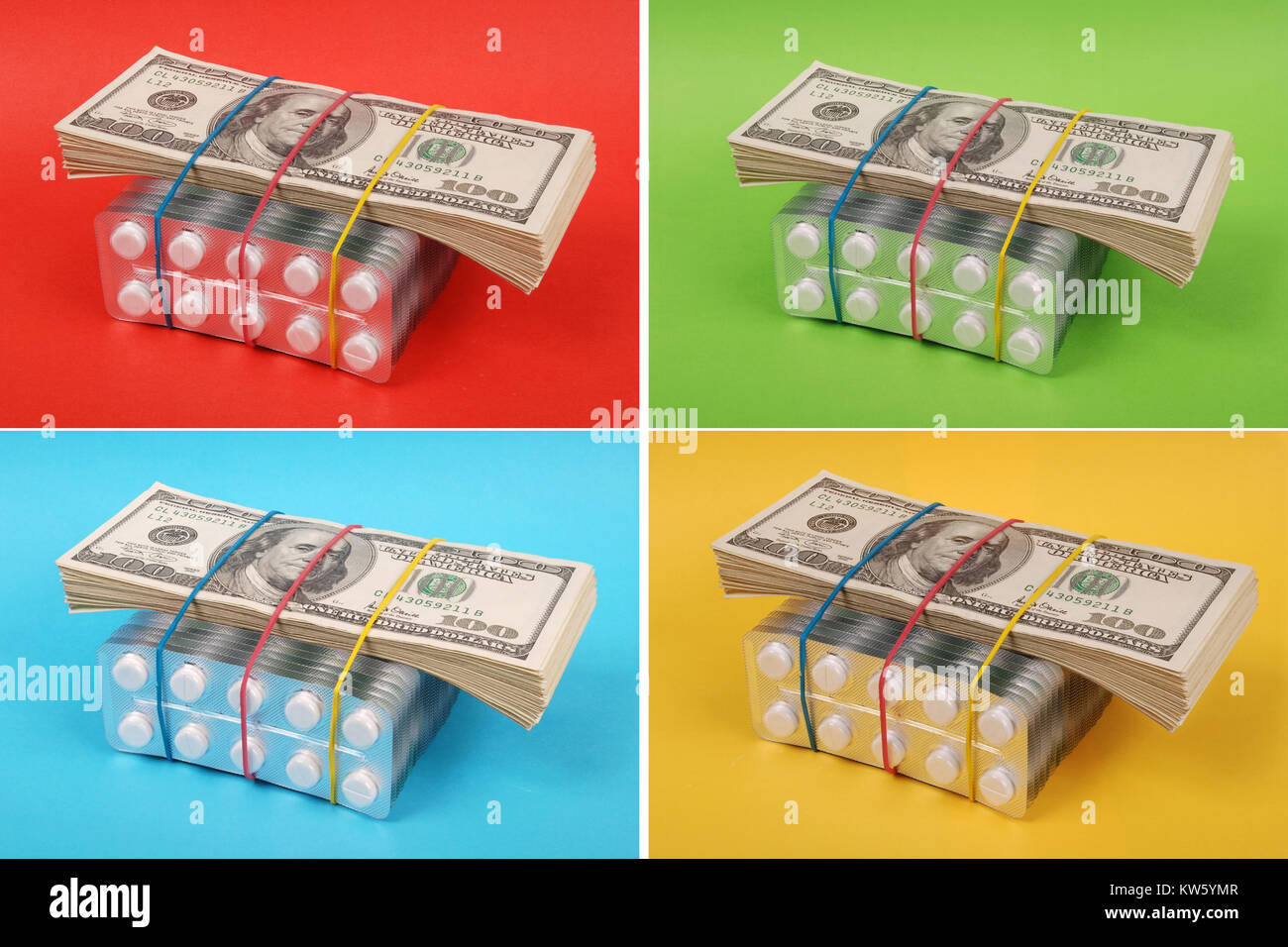 Pack of dollars lays on packing of white tablets. On four green, red ...