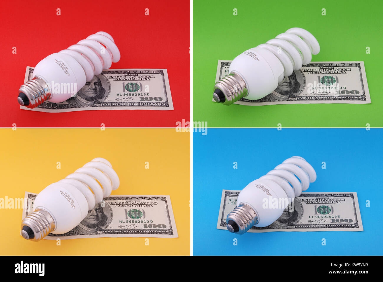 Luminescent lamp on hundred dollars. On green, yellow, red and blu ...