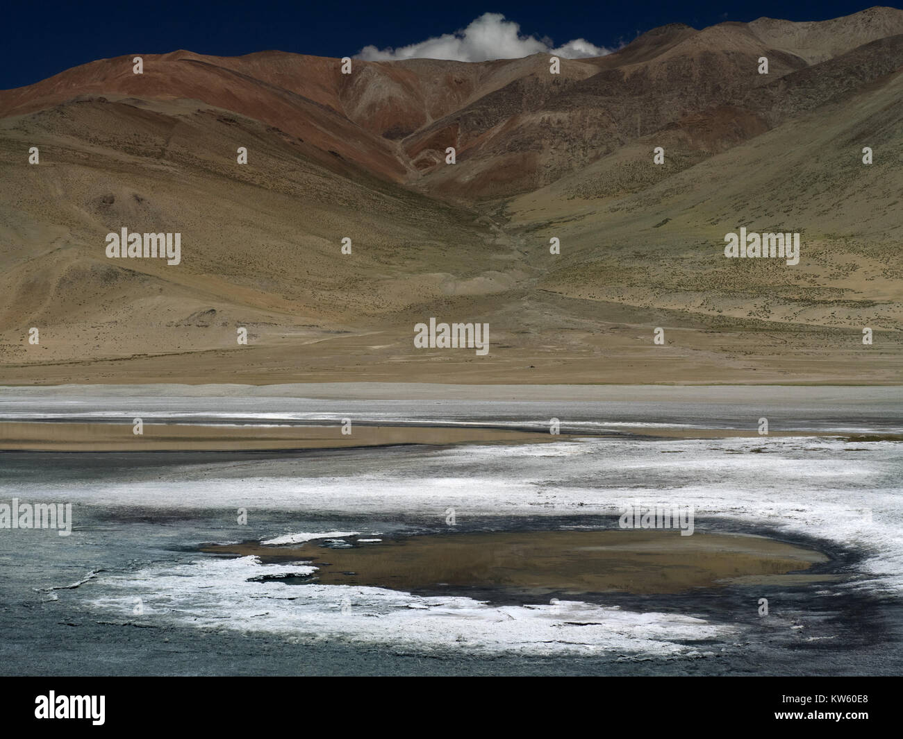 Small blue rounded lakes in salted soil at the base of a huge mountain ...