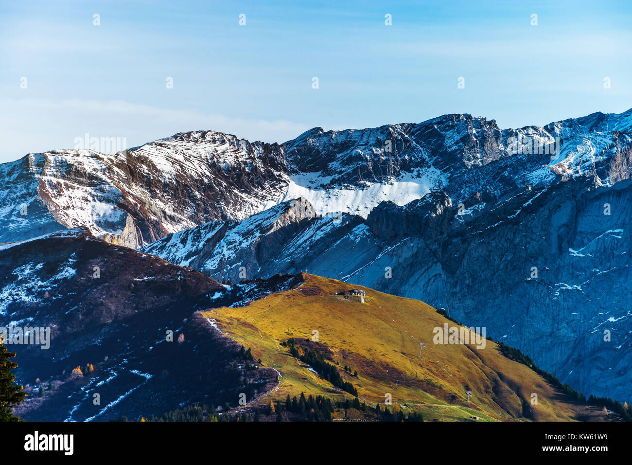 Beautiful alpine peaks view from the top over the clouds, natural ...