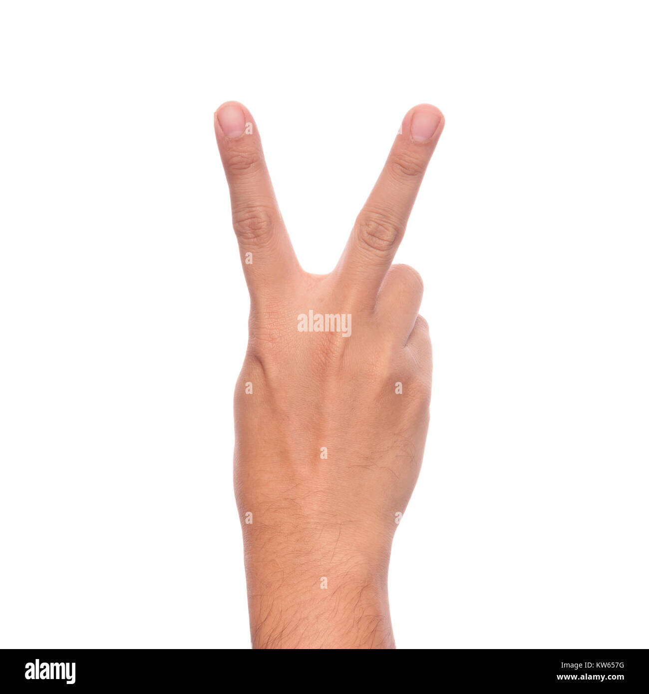 man hand showing peace sign or victory sign isolated on white ...