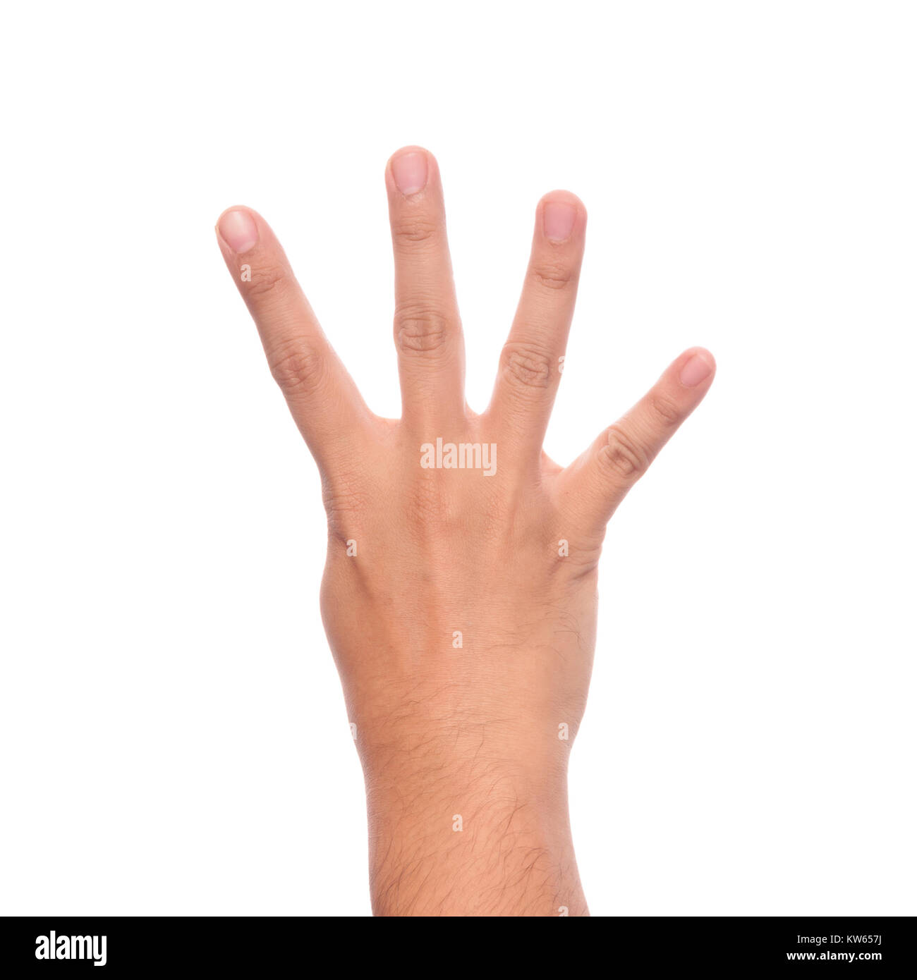 Male hand is showing four fingers isolated on white background with ...
