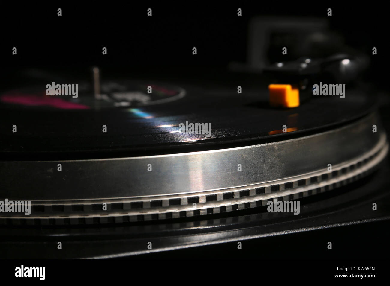 closeup of vinyl turntable, hi-fi headshell cartridge in action, Retro ...