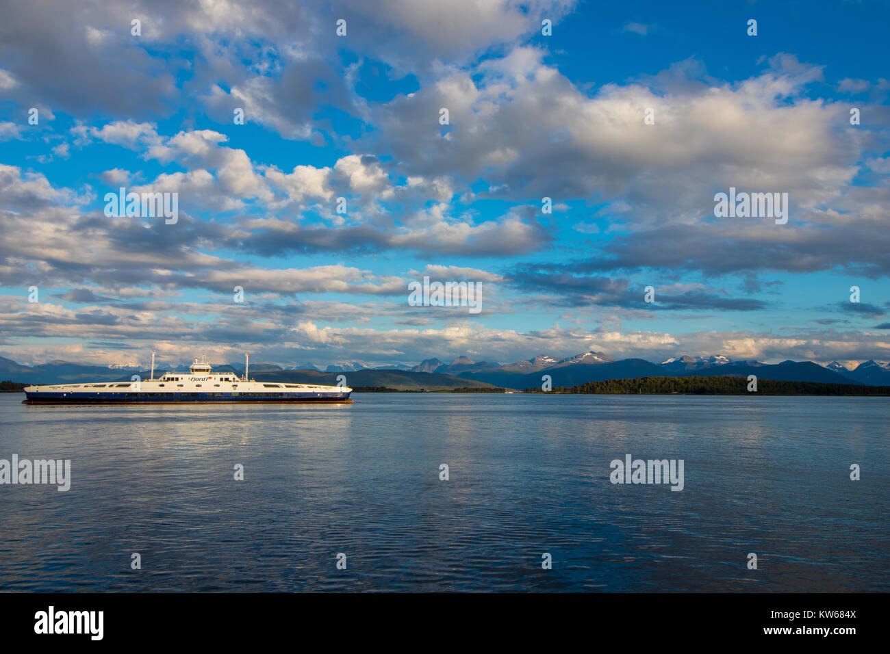 MOLDE, NORWAY - JULY 14, 2017: Car ferry in beautiful landscape in ...