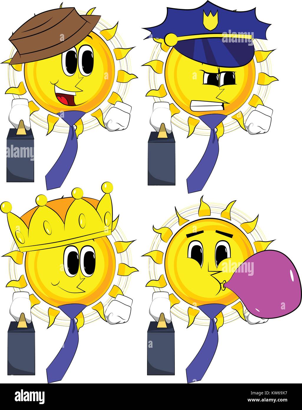 Cartoon sun boss with suitcase or bag and tie. Collection with costume ...