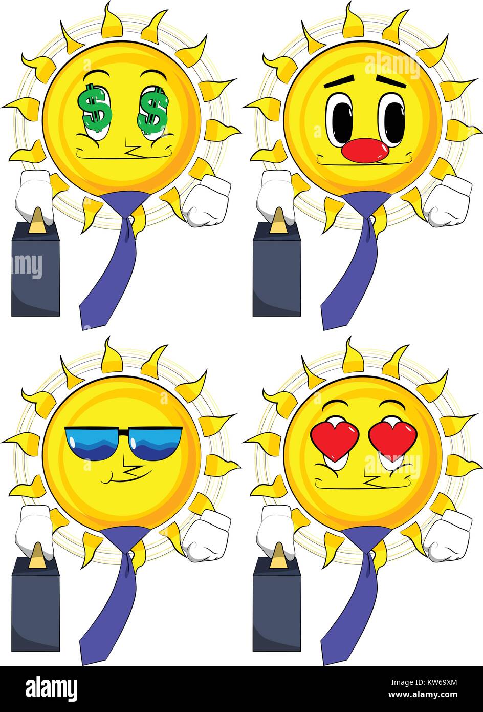 Cartoon sun boss with suitcase or bag and tie. Collection with various ...