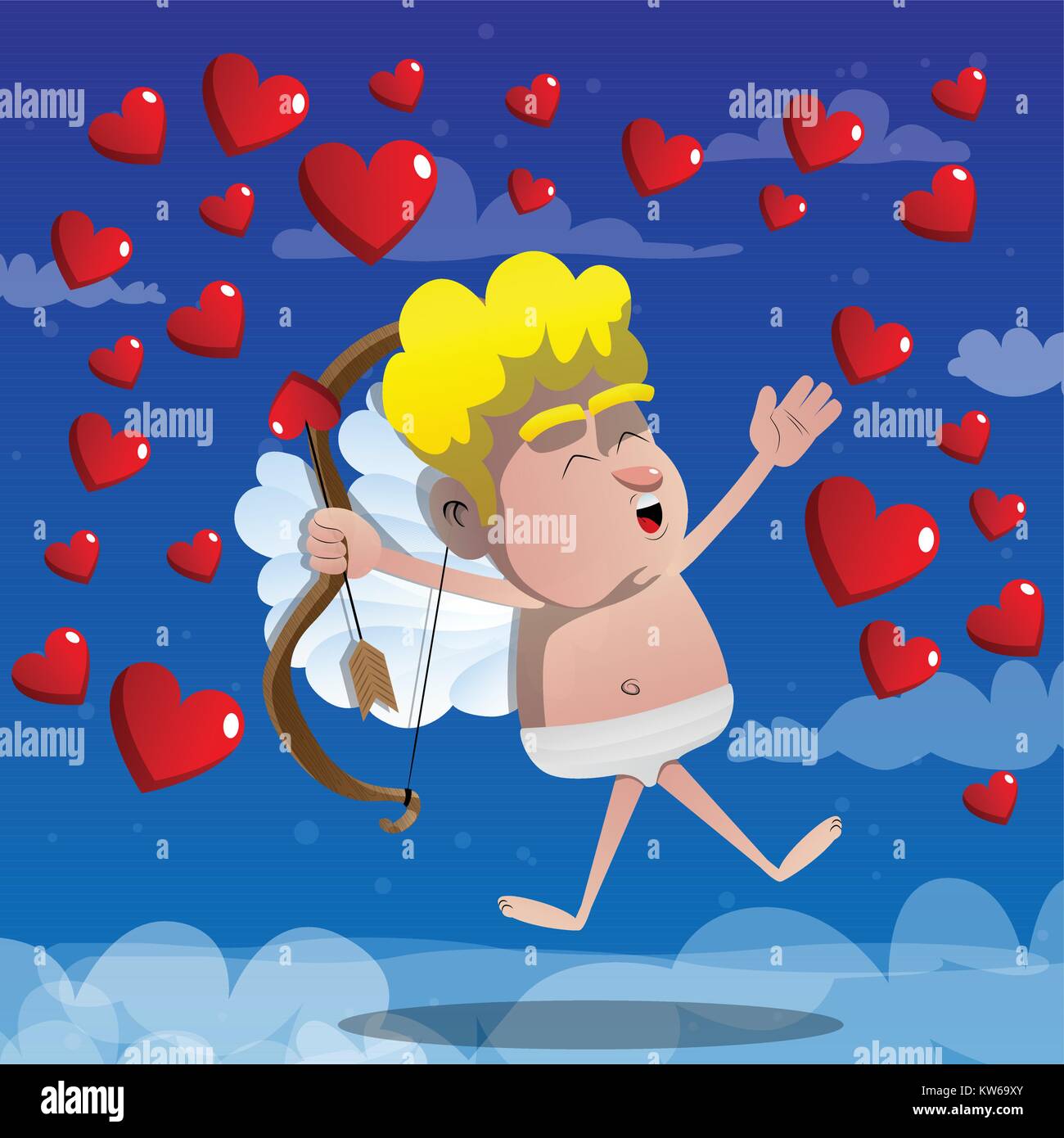 Happy Cupid jumping, with bow and arrow in his hand. Vector cartoon ...